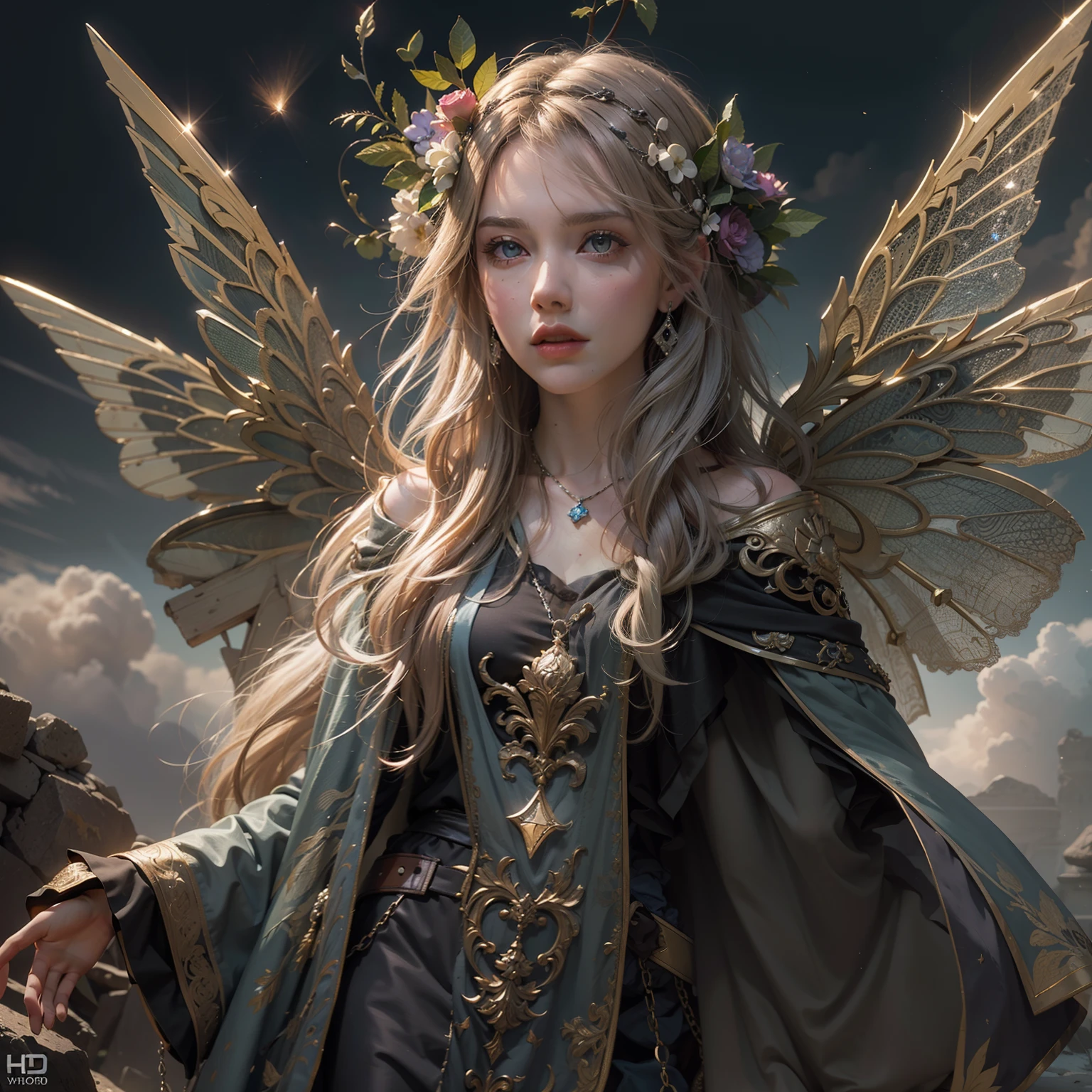 A woman with a flower crown and wings standing in the sky - SeaArt AI