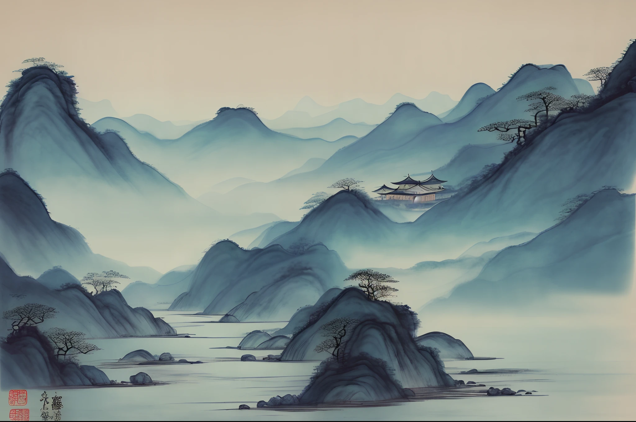 A close up of a painting of a mountain with a building in the distance ...