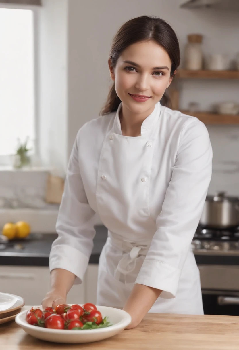 Woman in white chef's coat preparing a meal in a kitchen - SeaArt AI