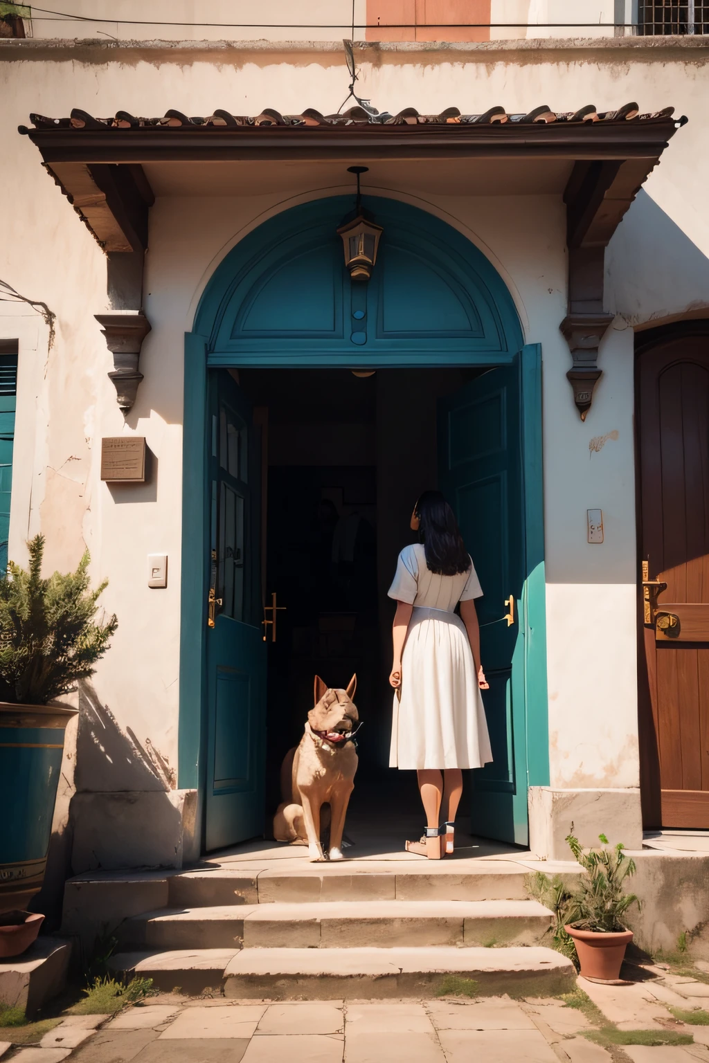 Araffe standing in front of a door with a dog on the steps - SeaArt AI
