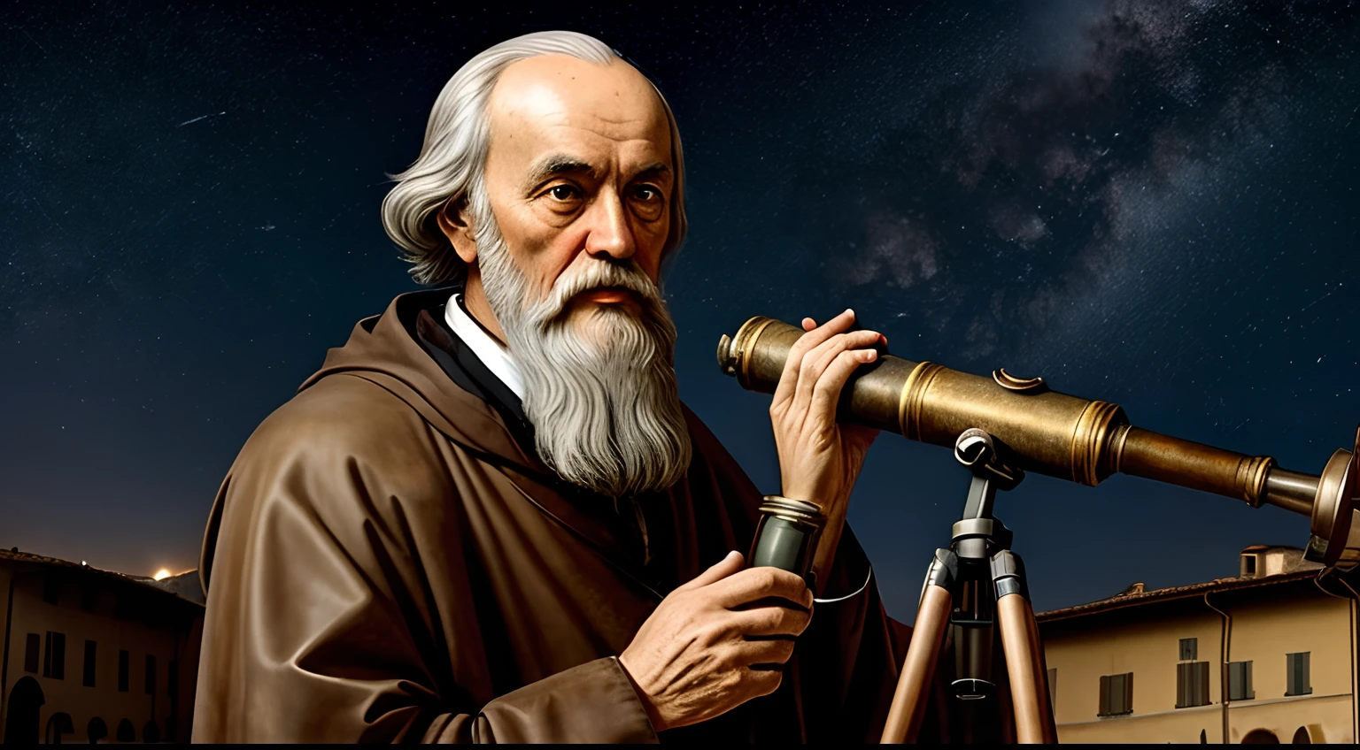Arafed image of a man with a long beard looking through a telescope ...