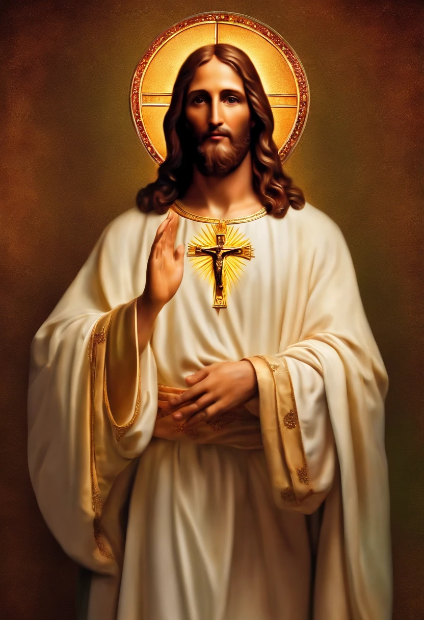 Jesus with a cross and a halo on his chest - SeaArt AI