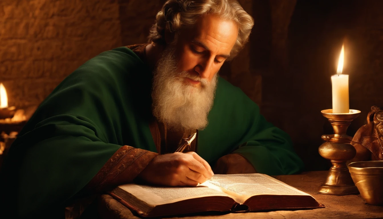 A close up of a man writing a book with a candle in the background ...