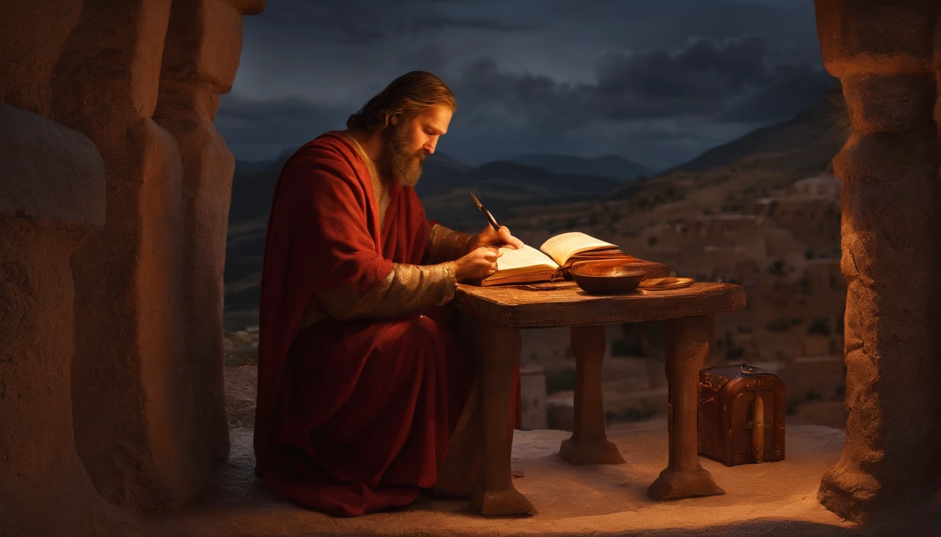 A man in a red robe sitting at a table writing - SeaArt AI