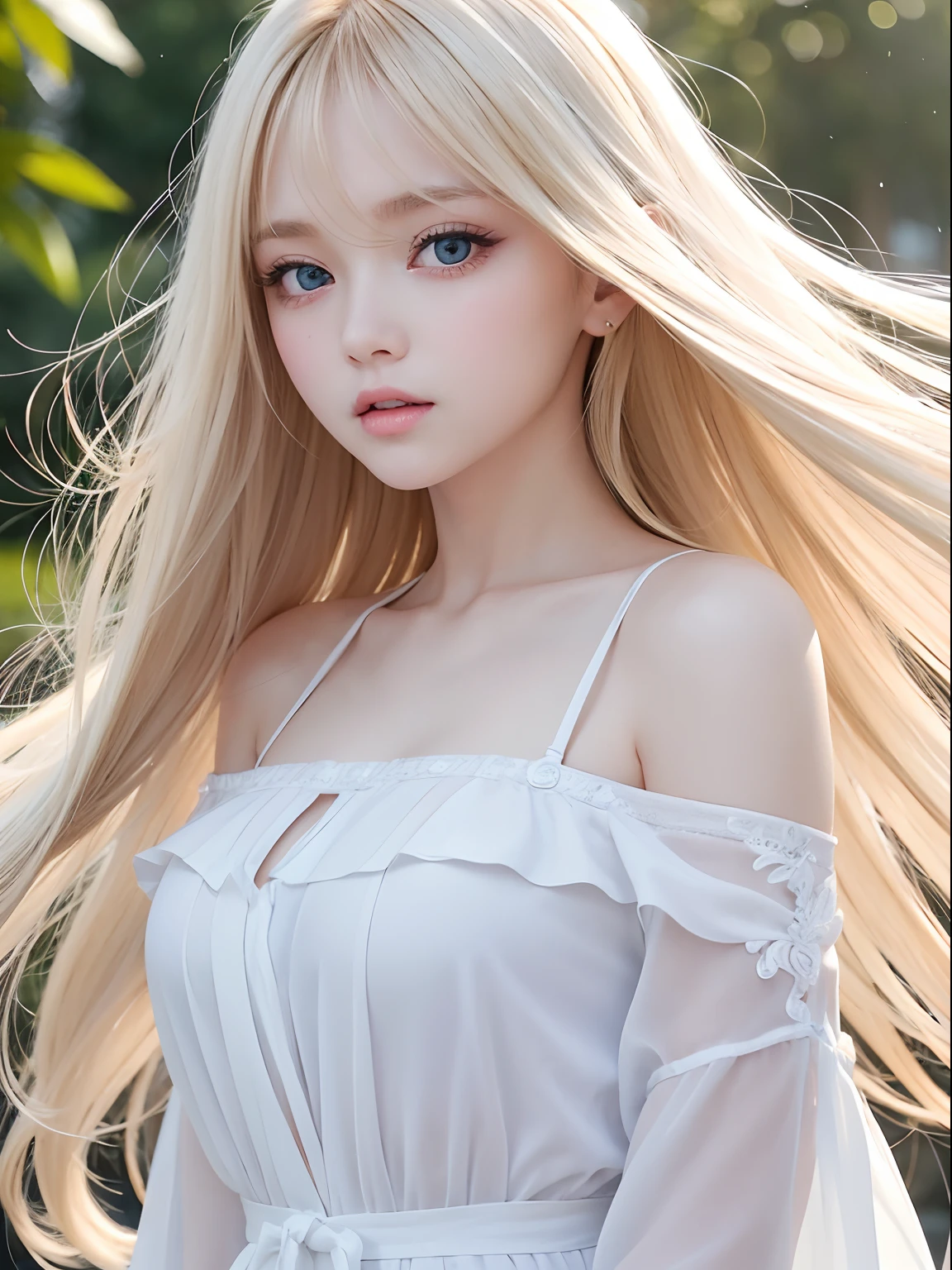 A Close Up Of A Woman With Long Blonde Hair Wearing A White Dress