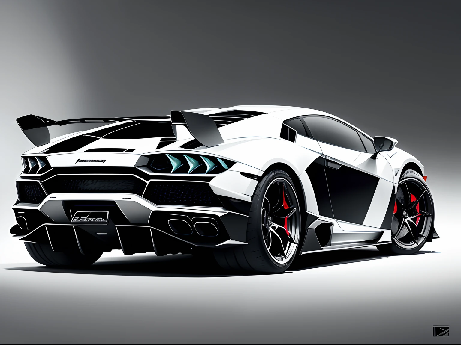 A white and black lambo is parked in a studio - SeaArt AI