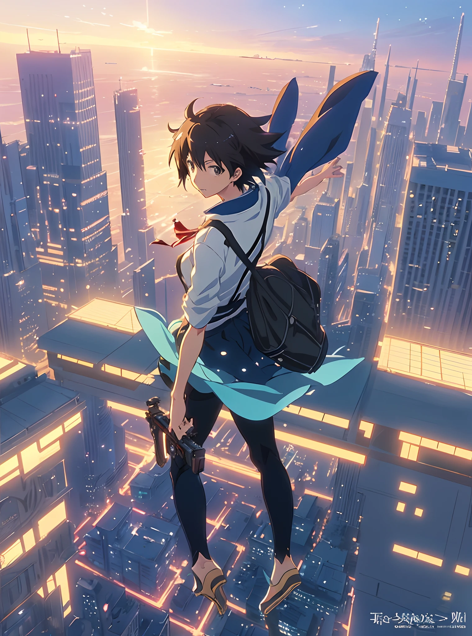 Anime girl flying over a city at night with a backpack - SeaArt AI