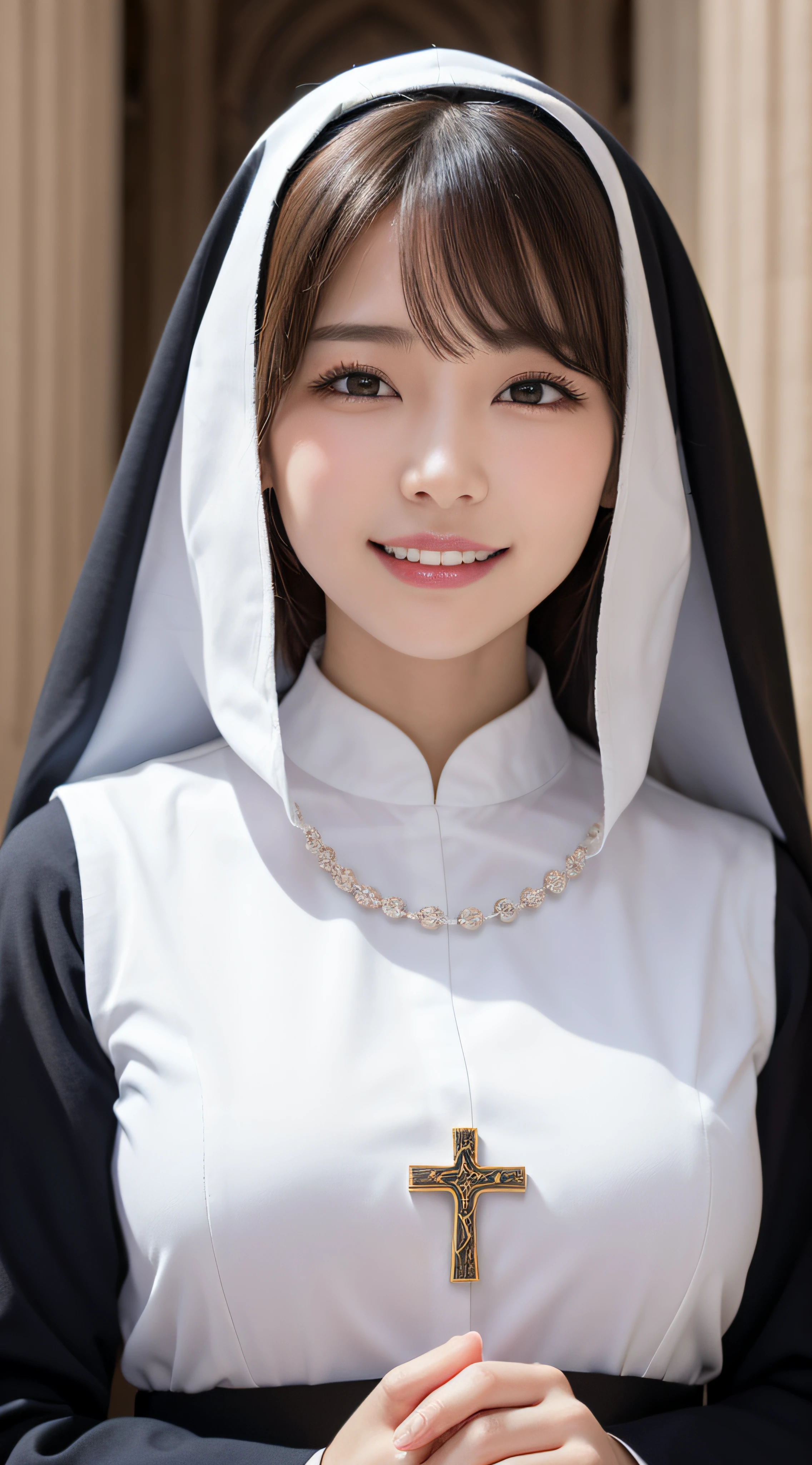 A woman in a nun outfit holding a cross and a rosary - SeaArt AI
