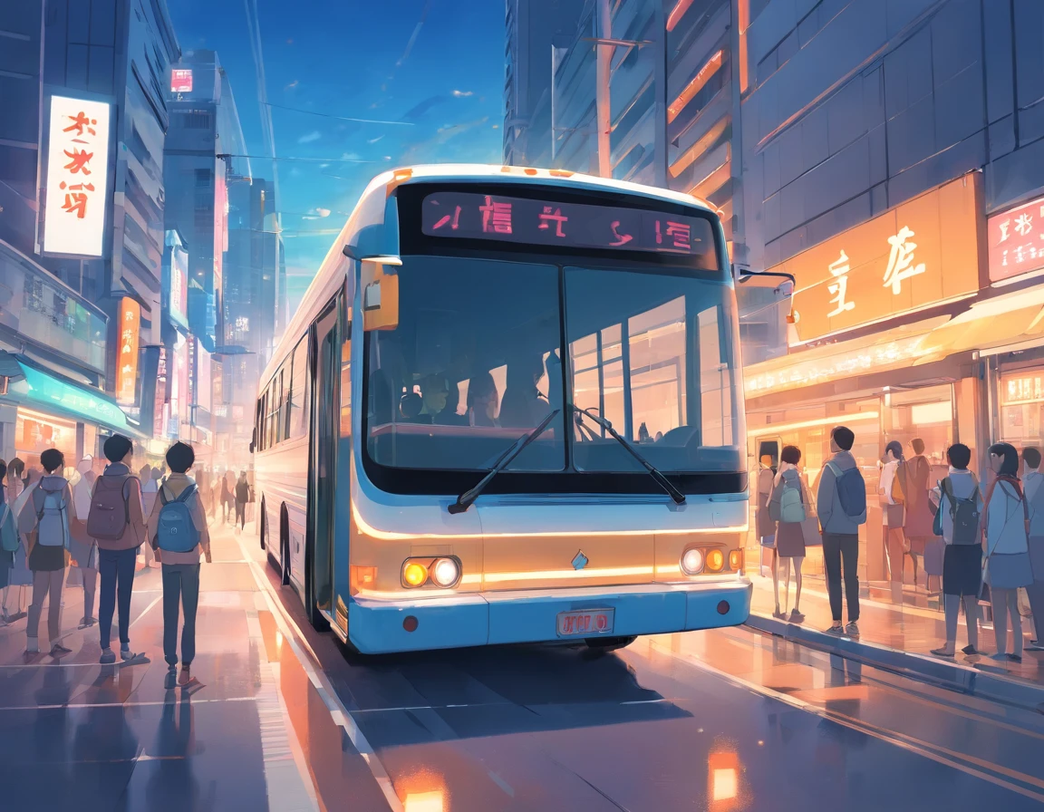 Anime bus on a city street with people walking around - SeaArt AI
