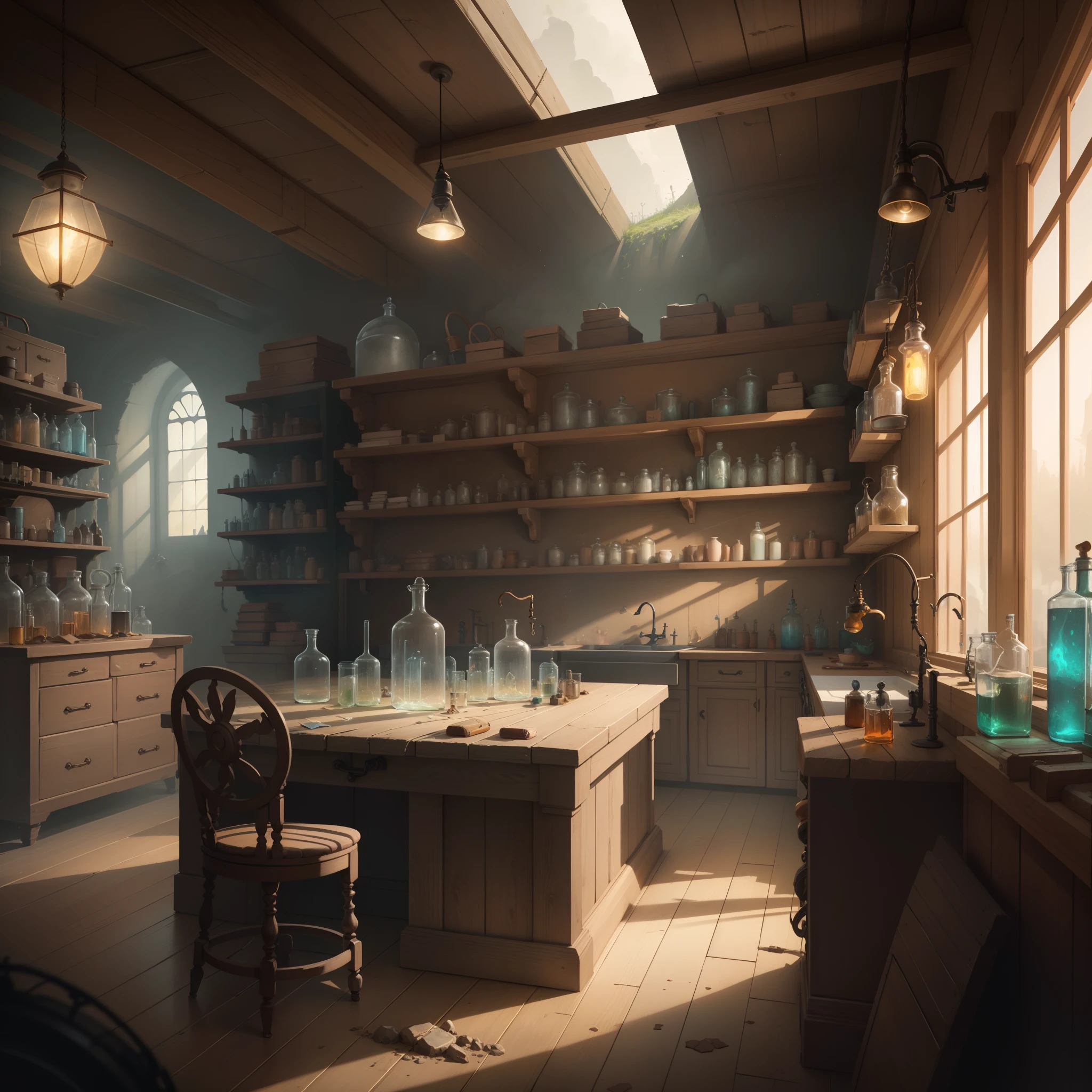 There is a room with a table and a lot of bottles - SeaArt AI