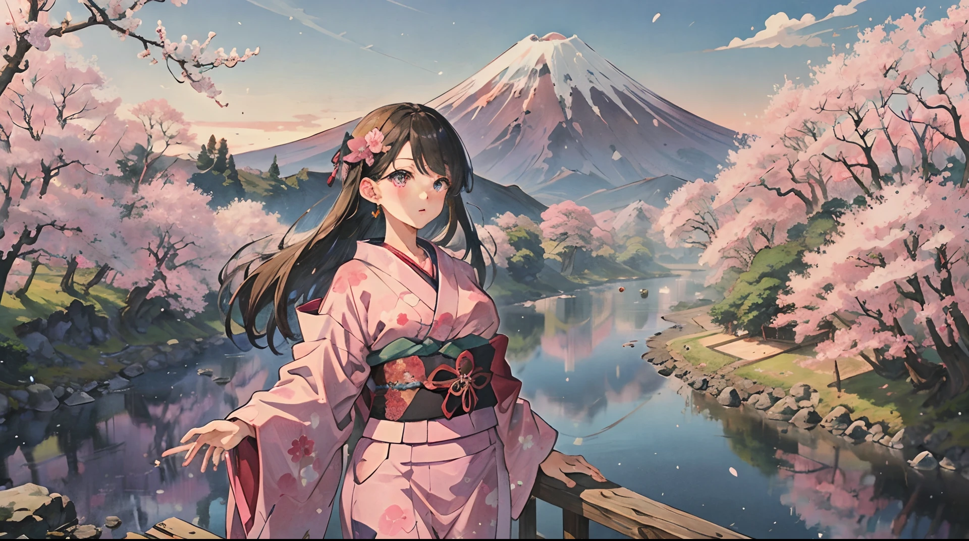 Anime girl in kimono outfit standing on a bridge overlooking a mountain ...