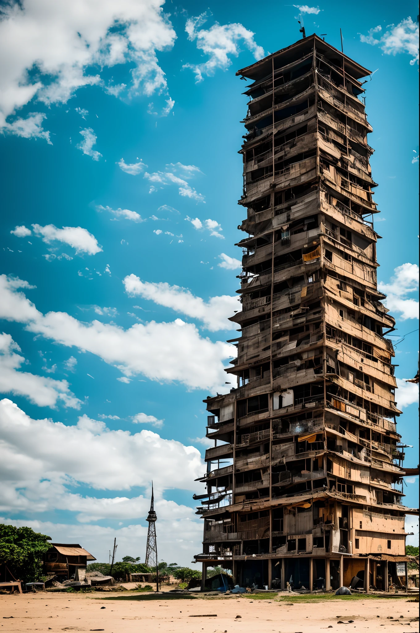 Arafed building with a tower of wooden blocks on a beach - SeaArt AI