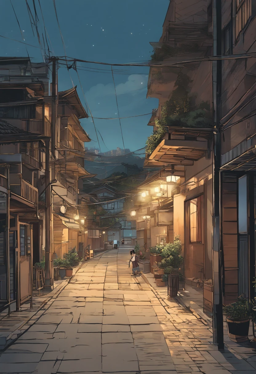 Anime scenery of a street with a person walking down it - SeaArt AI