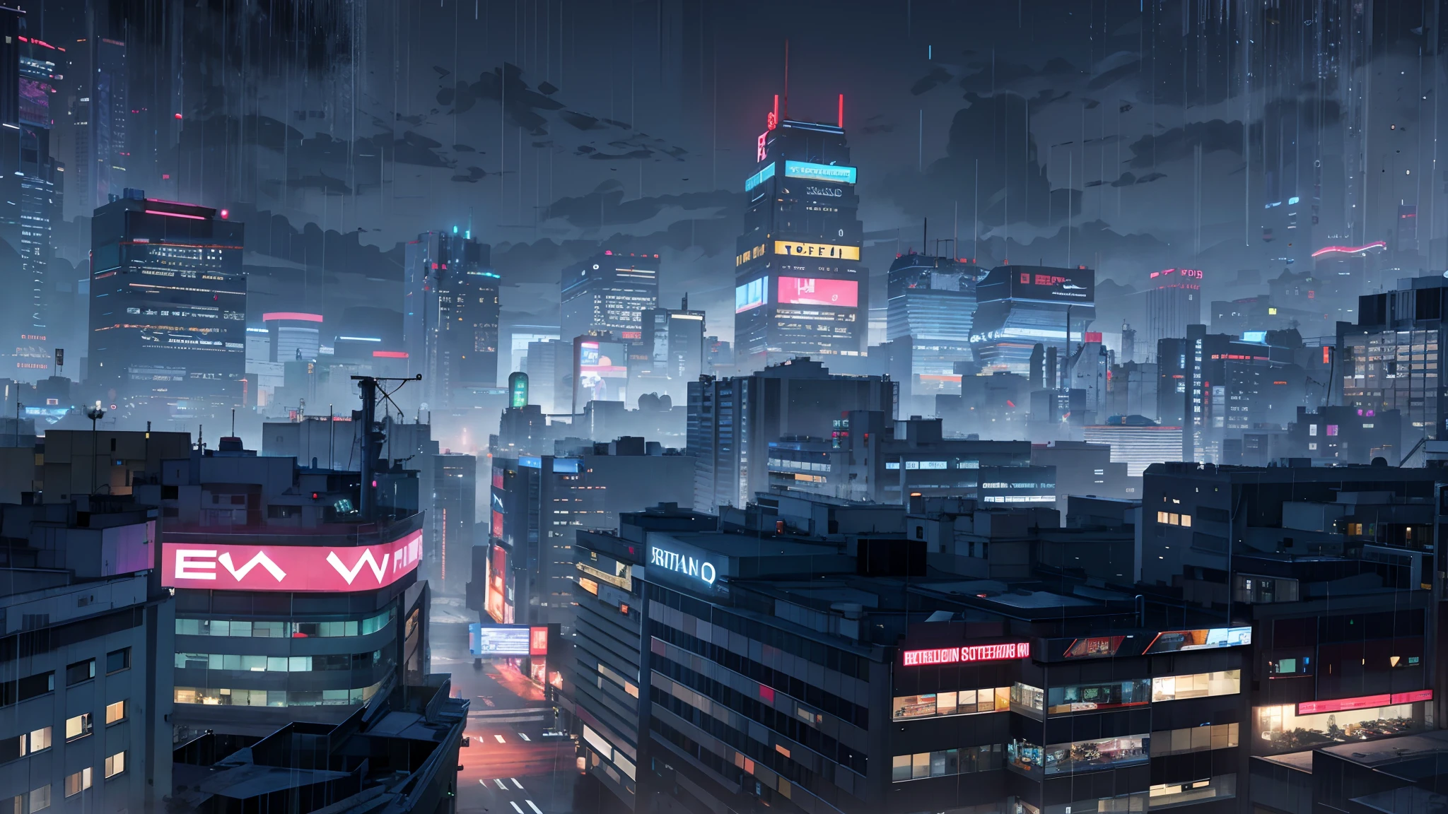 A view of a city at night with a neon sign on the top of it - SeaArt AI