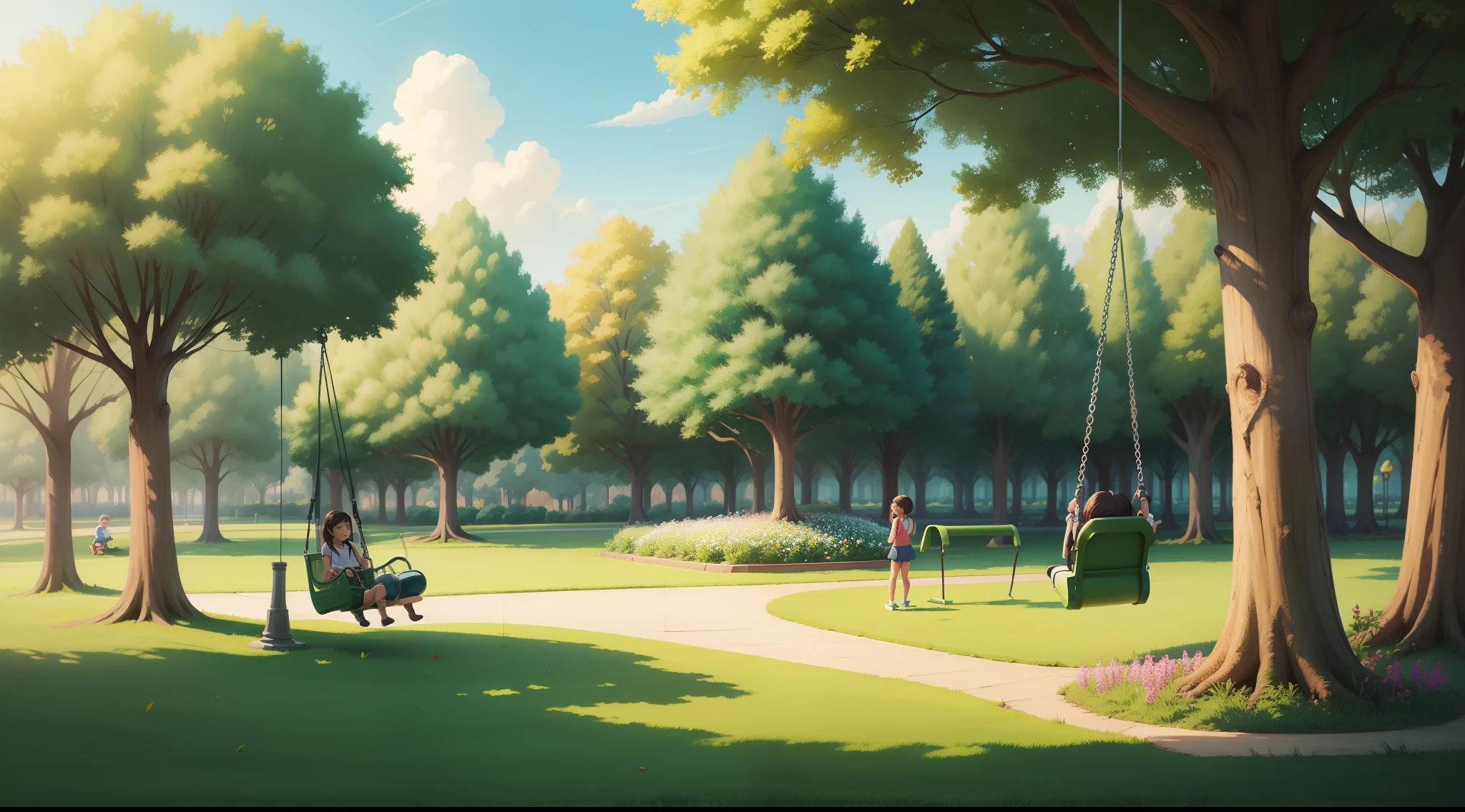 There is a cartoon picture of a park with a swing and a couple of ...