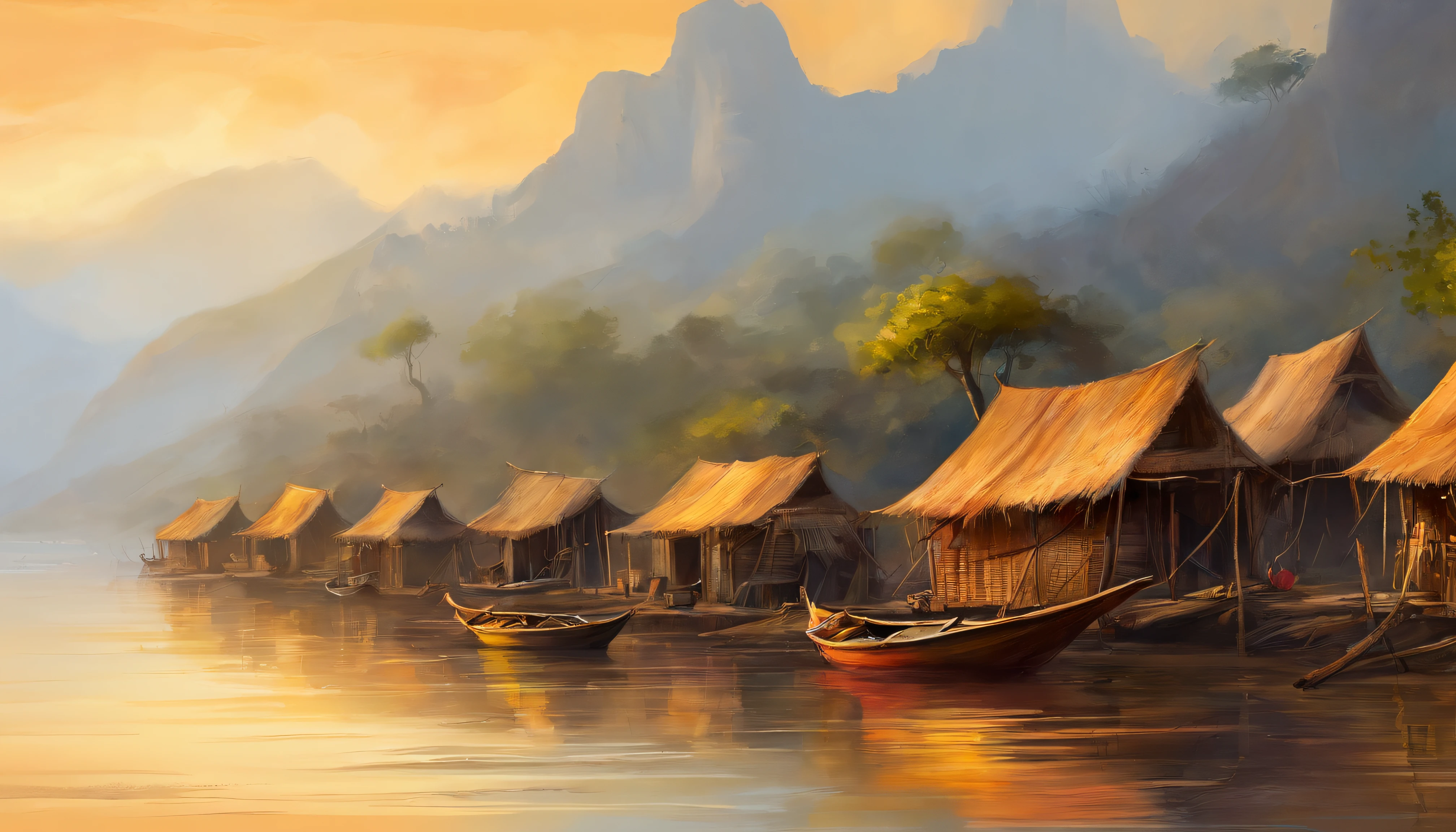 Painting of a row of huts on a river with mountains in the background ...