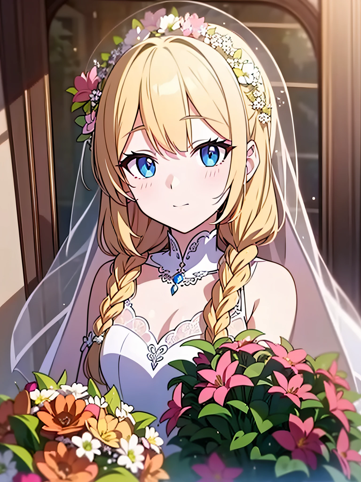 Anime bride with long blonde hair and blue eyes holding a bouquet ...