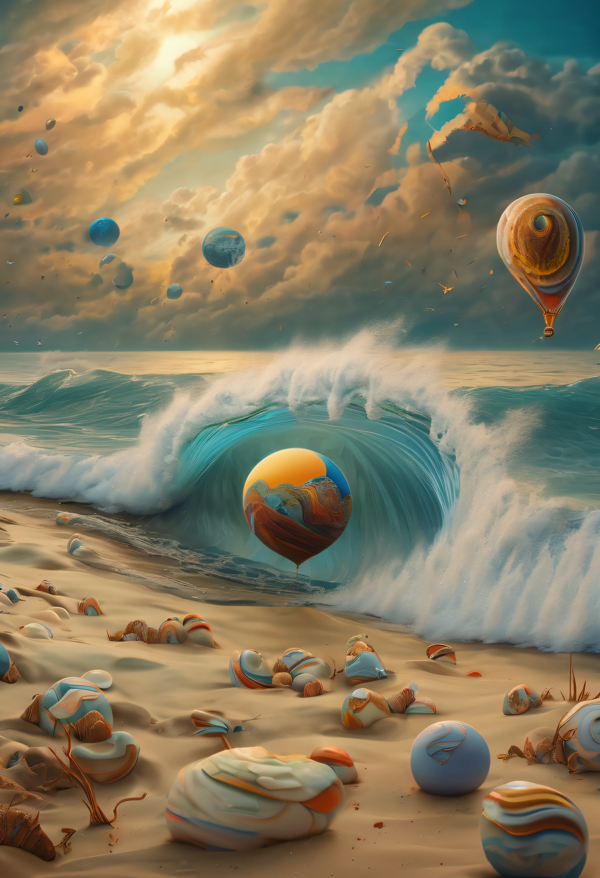 Painting of a beach with a bunch of shells and a large wave - SeaArt AI