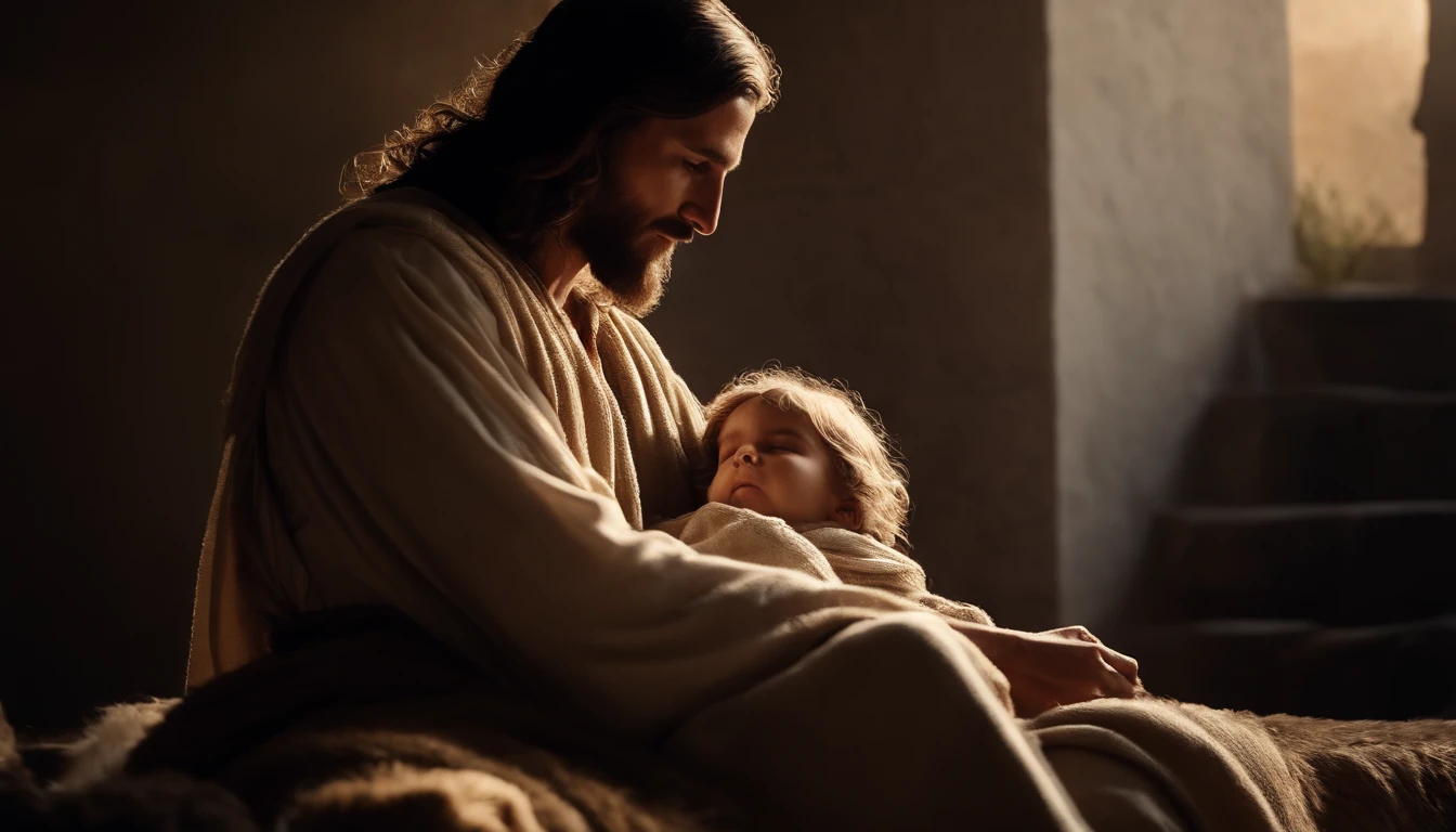 Jesus is holding a child in his arms while sitting on a bed - SeaArt AI