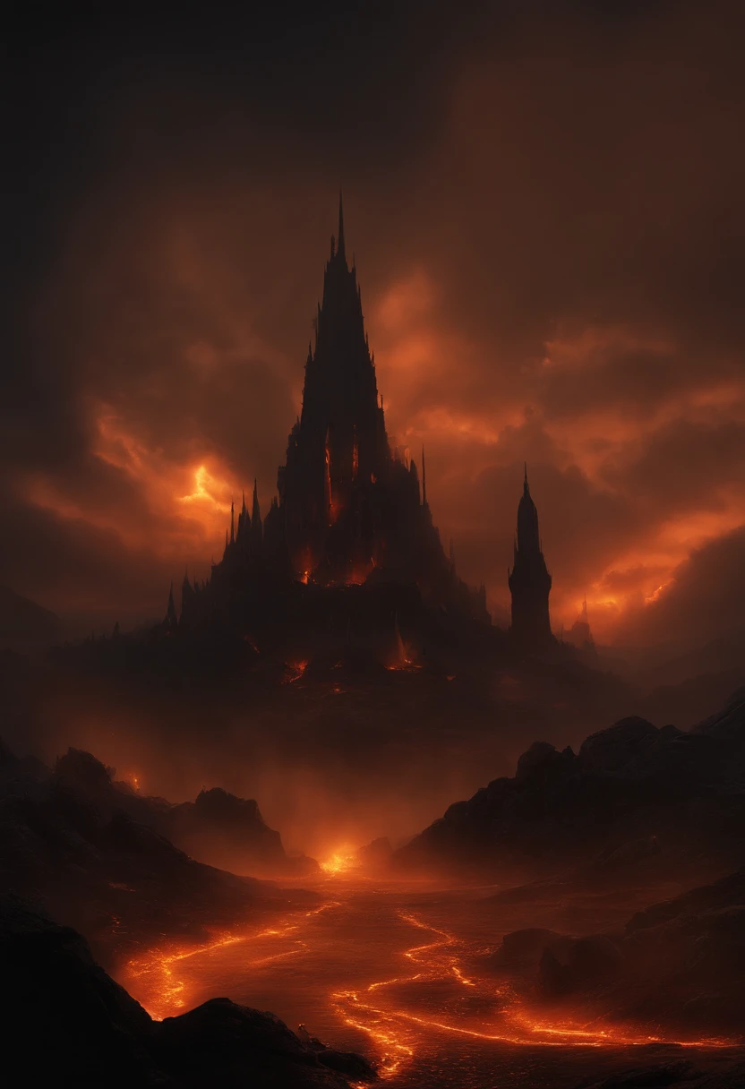 A dark castle in the middle of a mountain with a sunset - SeaArt AI