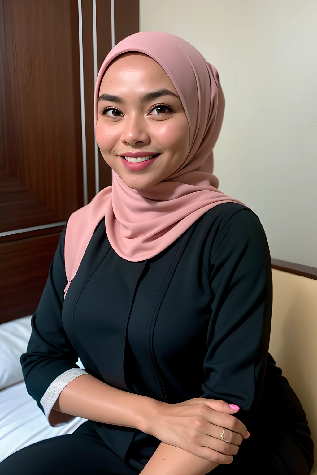Arafed woman in a black dress and pink hijab sitting on a bed - SeaArt AI