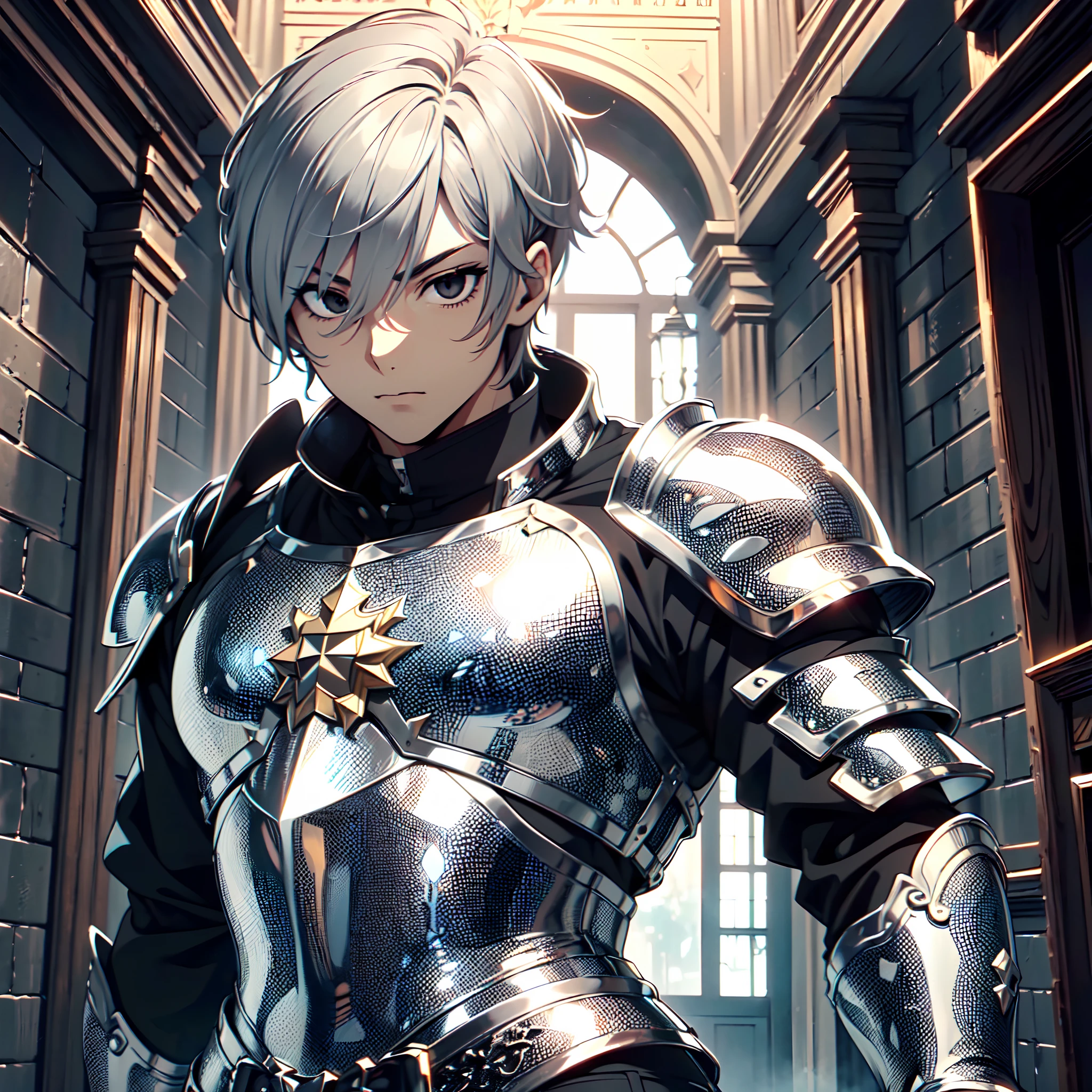 Anime character in armor standing in a hallway with a sword - SeaArt AI