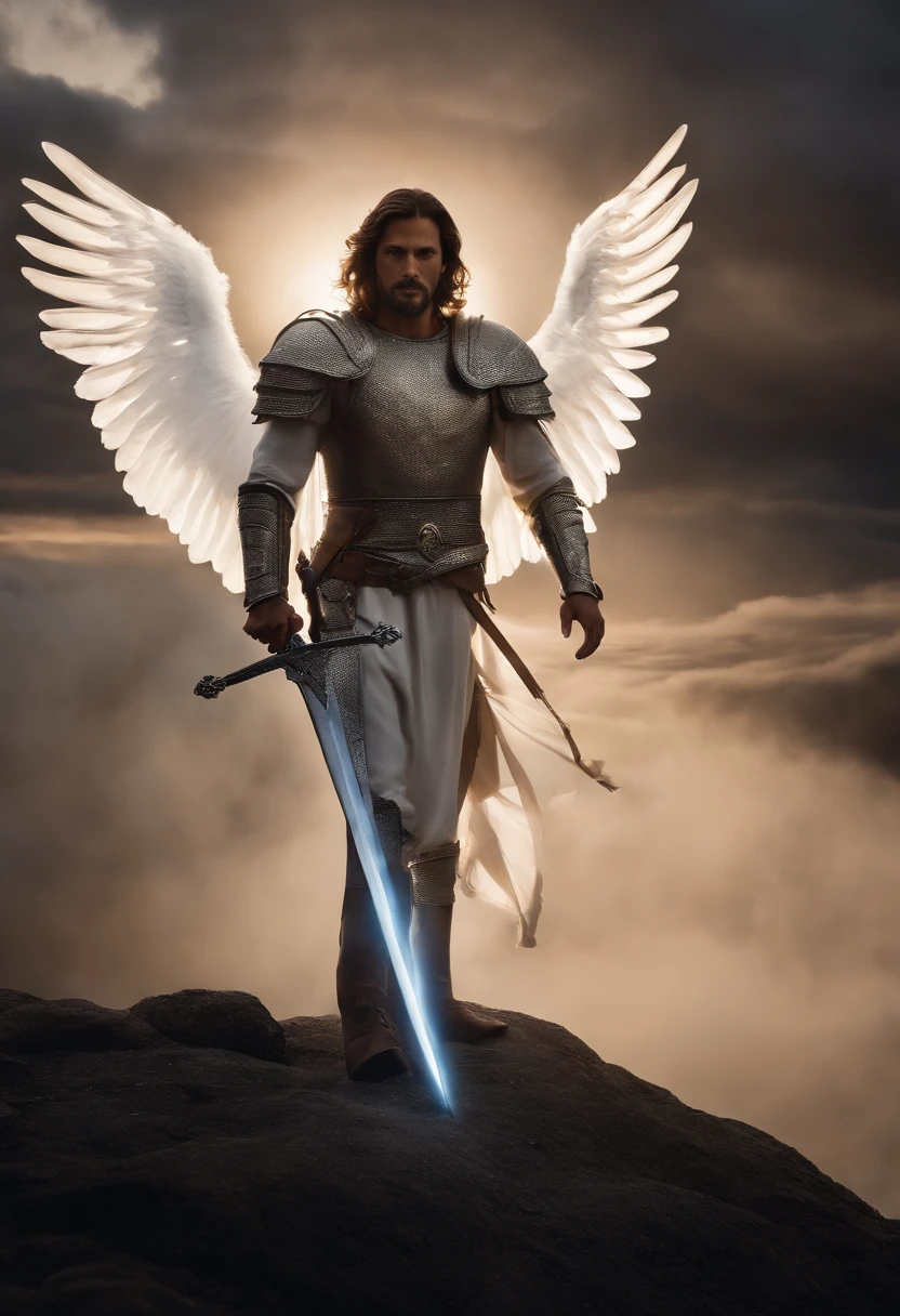 A man with wings and sword standing on a rock - SeaArt AI