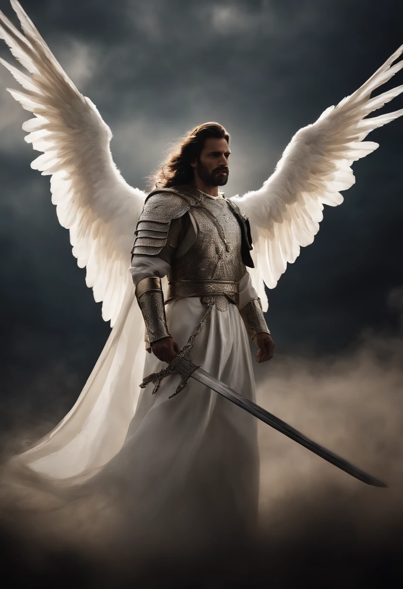 A man in armor holding a sword and standing in the clouds - SeaArt AI