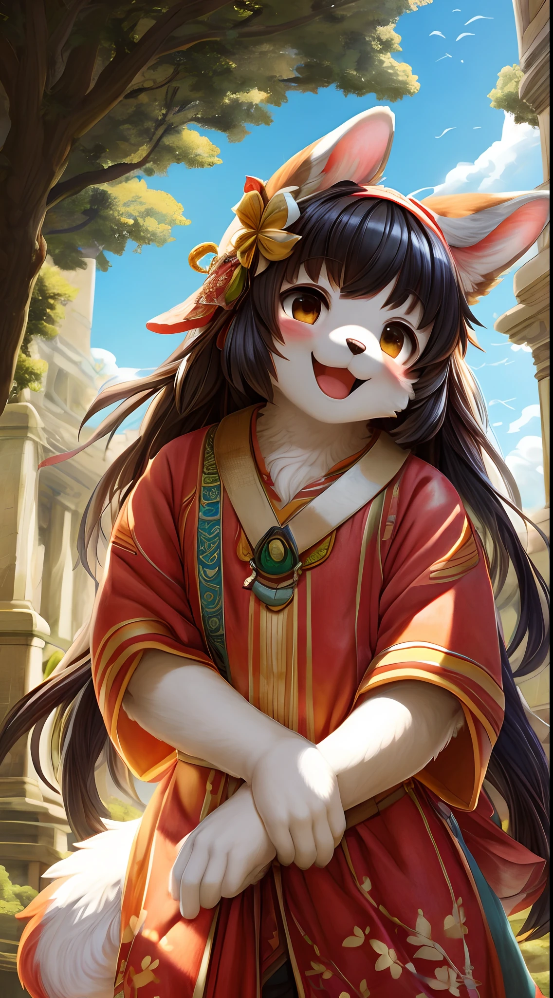 A woman in a red dress holding a white cat - SeaArt AI