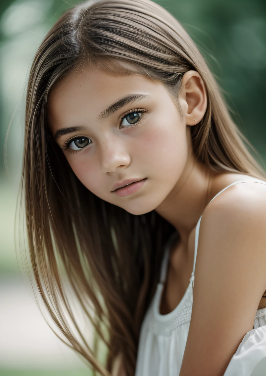 A close up of a young girl with long hair and a white top - SeaArt AI
