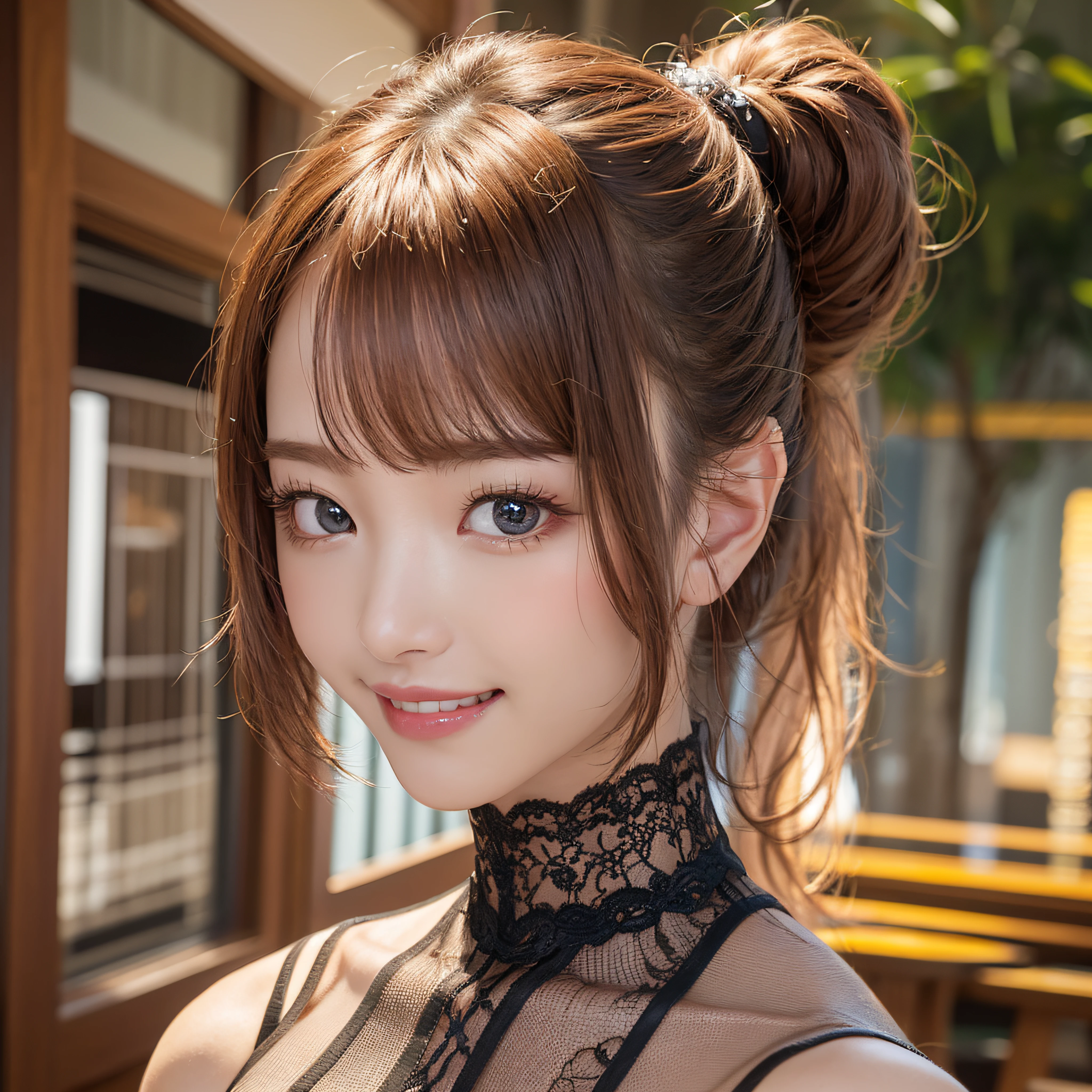A close up of a woman with a ponytail and a lace top - SeaArt AI