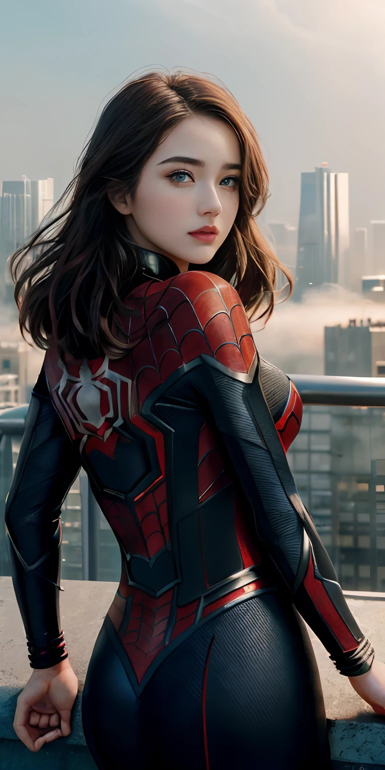 A woman in a spider - man suit poses on a rooftop - SeaArt AI