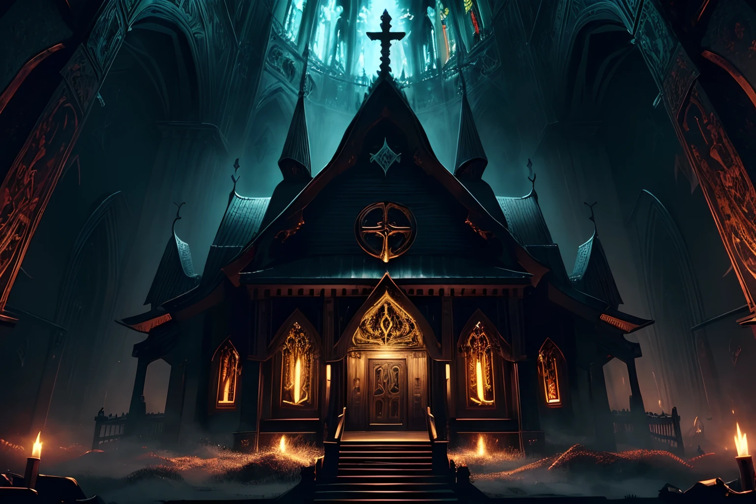 A church with a cross and candles in the middle of it - SeaArt AI