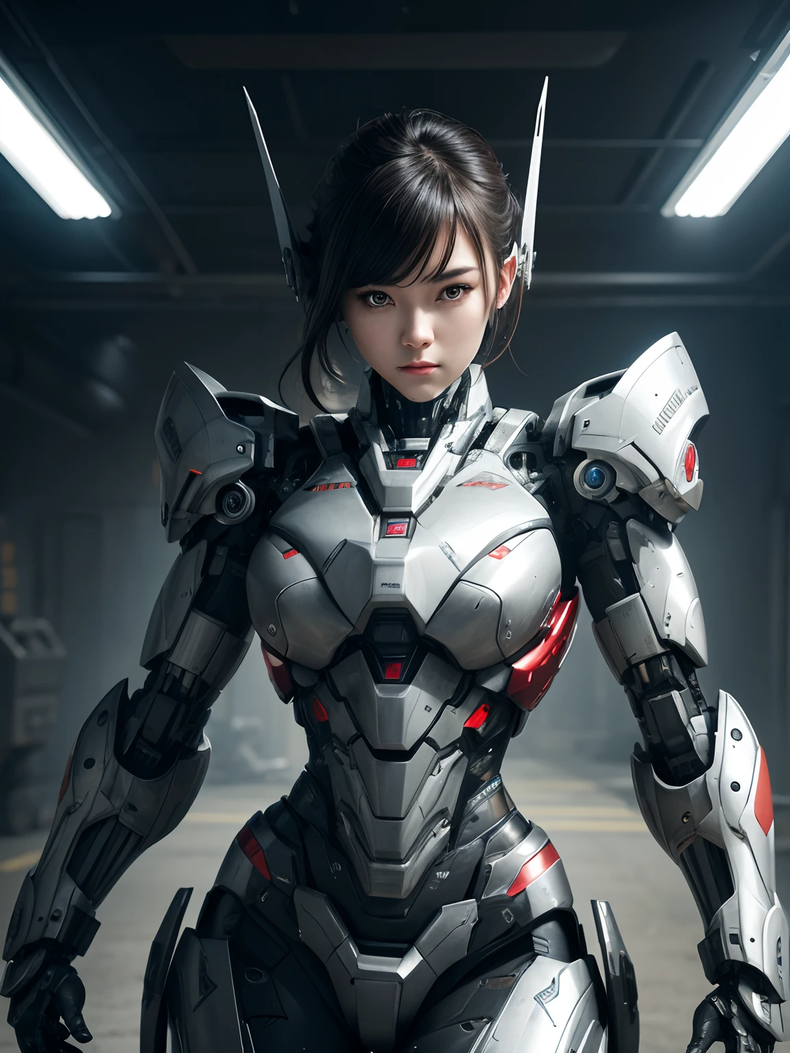 A woman in a futuristic suit standing in a dark room - SeaArt AI