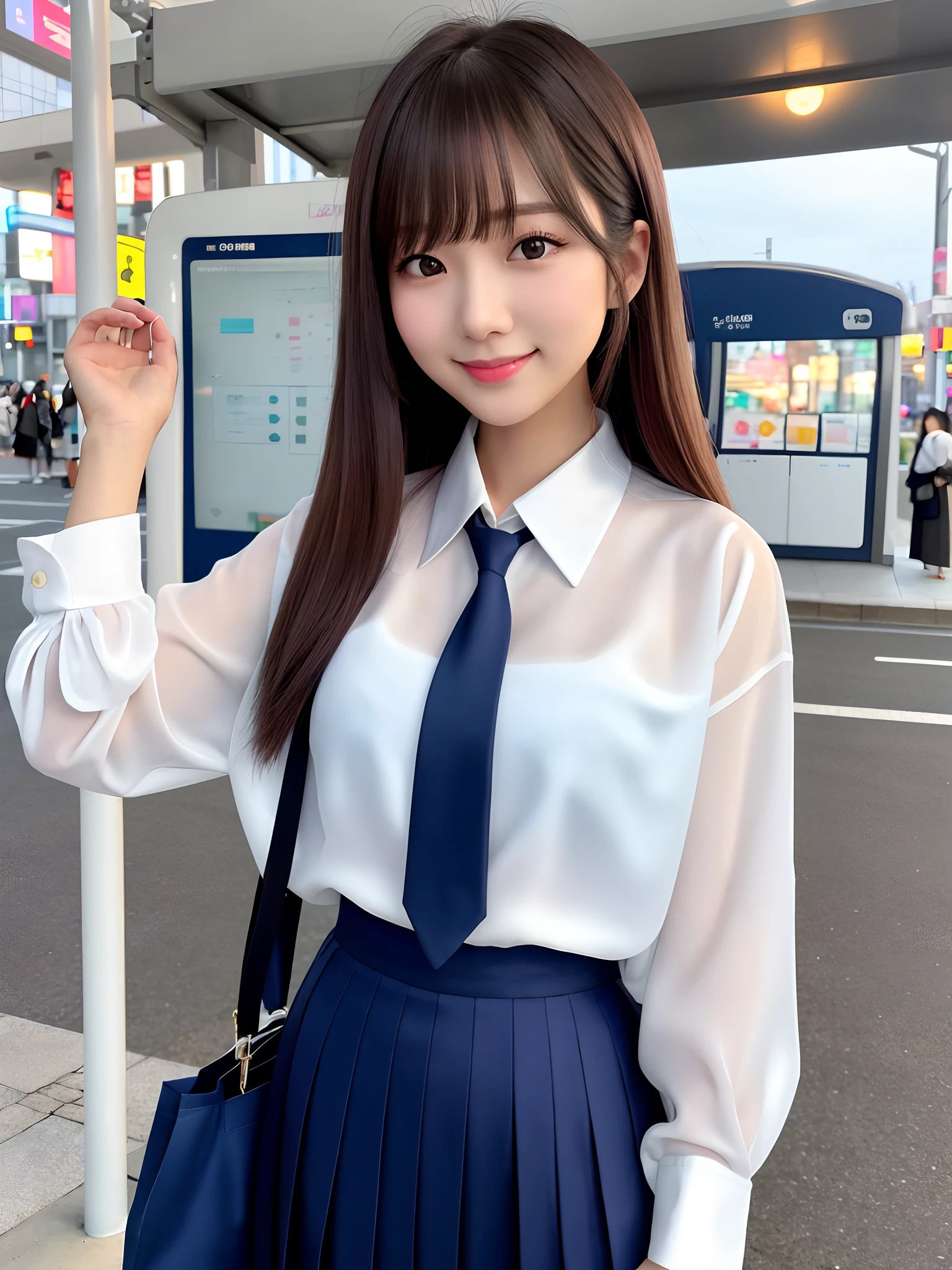 Araffe asian woman in a white shirt and blue skirt posing for a picture - SeaArt AI