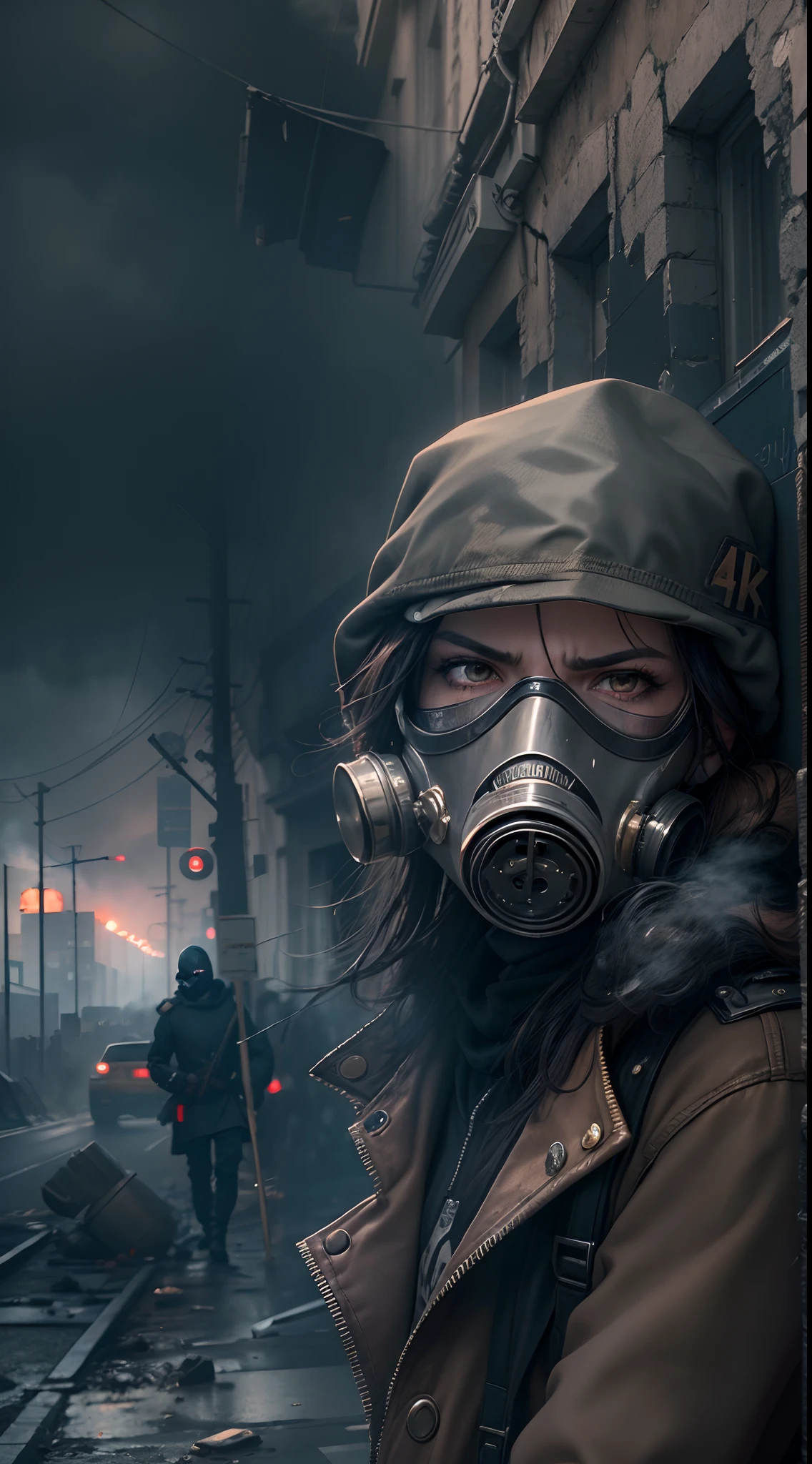 A woman wearing a gas mask standing in a street - SeaArt AI