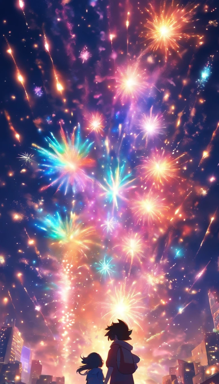 A couple of people standing in front of fireworks - SeaArt AI