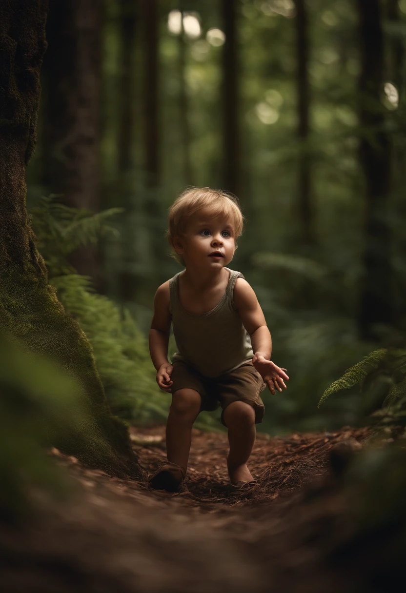 A close up of a toddler walking through a forest - SeaArt AI