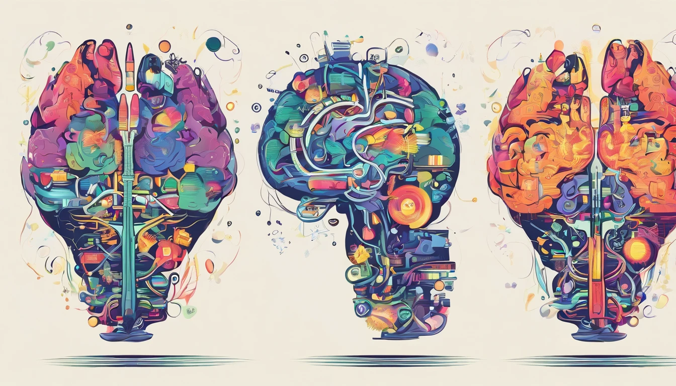Three different colored illustrations of a brain and a human head ...
