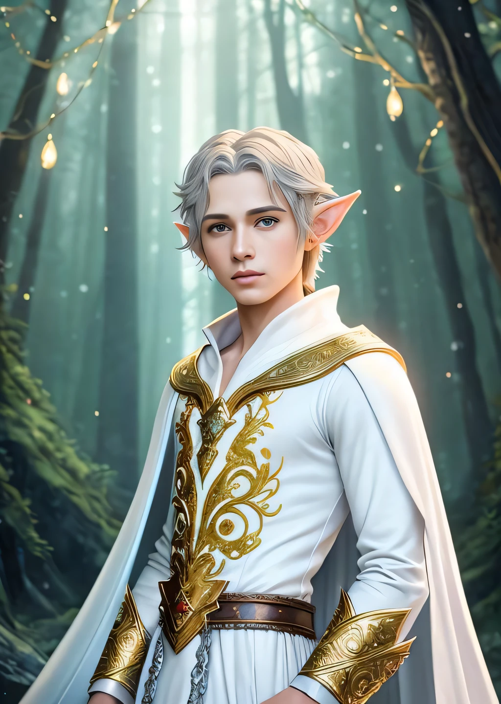 A man in a white outfit and gold armor standing in a forest - SeaArt AI