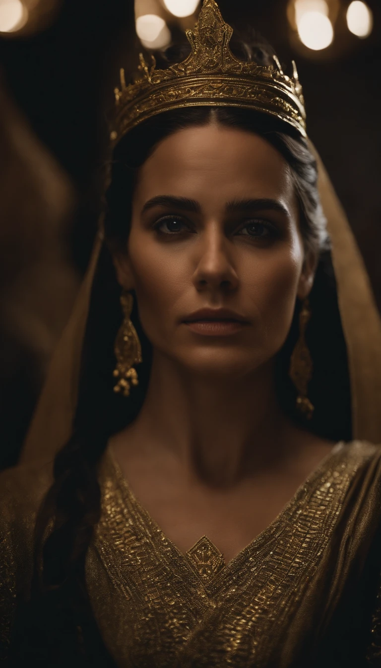 A woman in a gold dress and crown looks into the distance - SeaArt AI