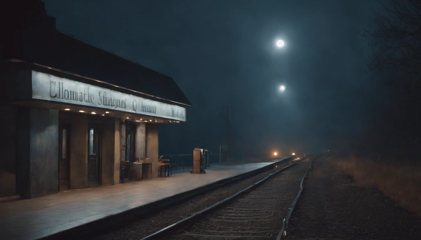 Arafed train station with a train on the tracks and a full moon in the ...