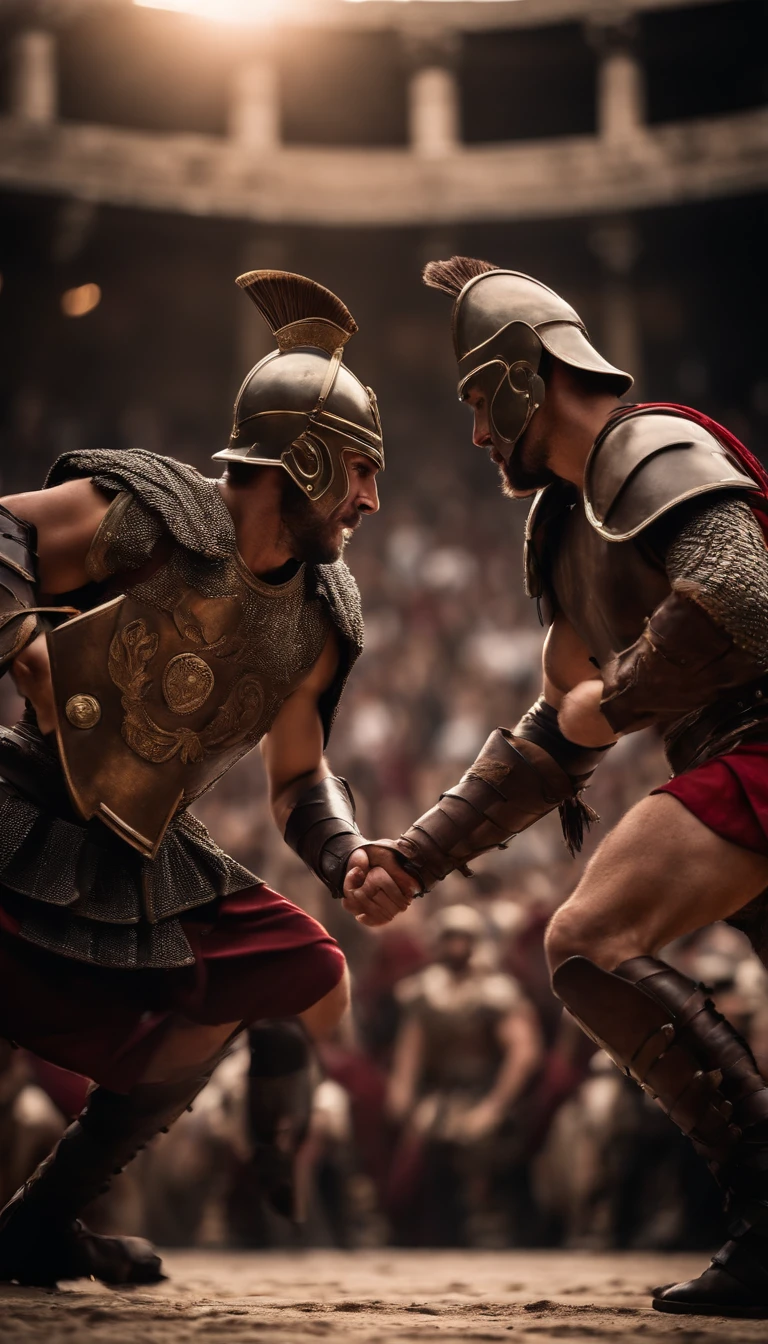 Two men in glads fighting in an arena with a crowd - SeaArt AI