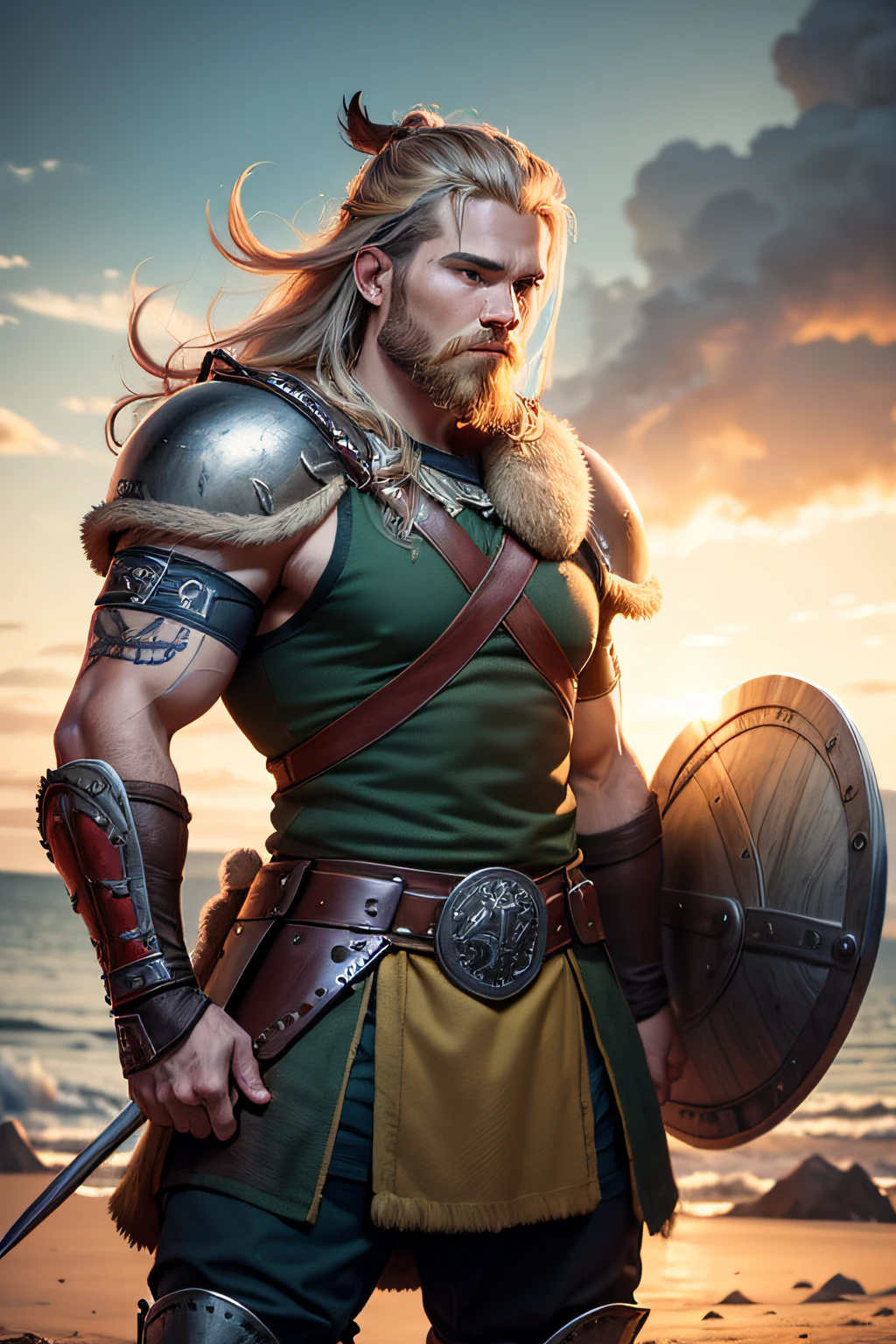 A man in a viking outfit holding a sword and shield - SeaArt AI