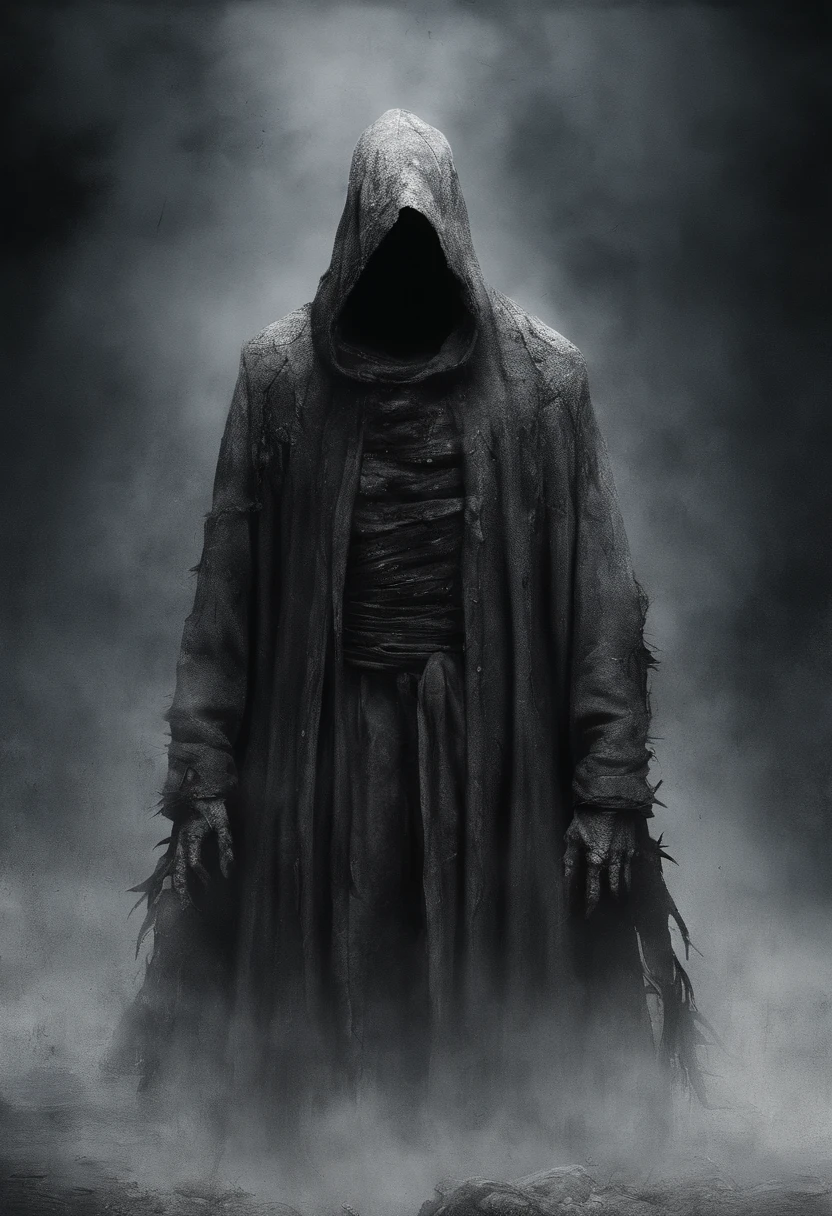 A dark hooded man standing in the fog with a hood on - SeaArt AI