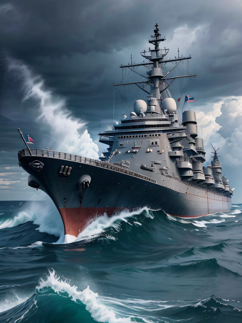Arafed navy ship in the ocean with a flag on it - SeaArt AI