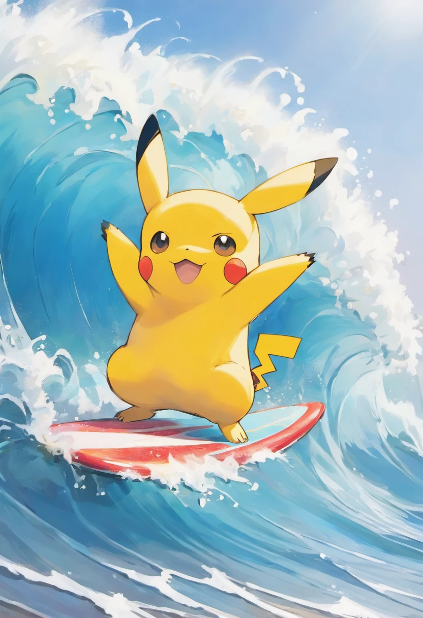 Pokemon pikachu on a surfboard riding a wave - SeaArt AI