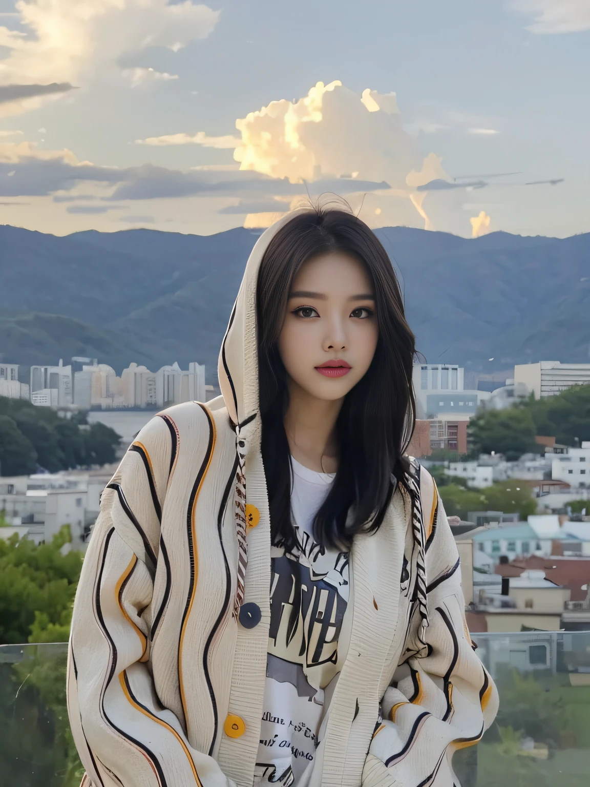 A woman standing on a balcony with a blanket over her head - SeaArt AI