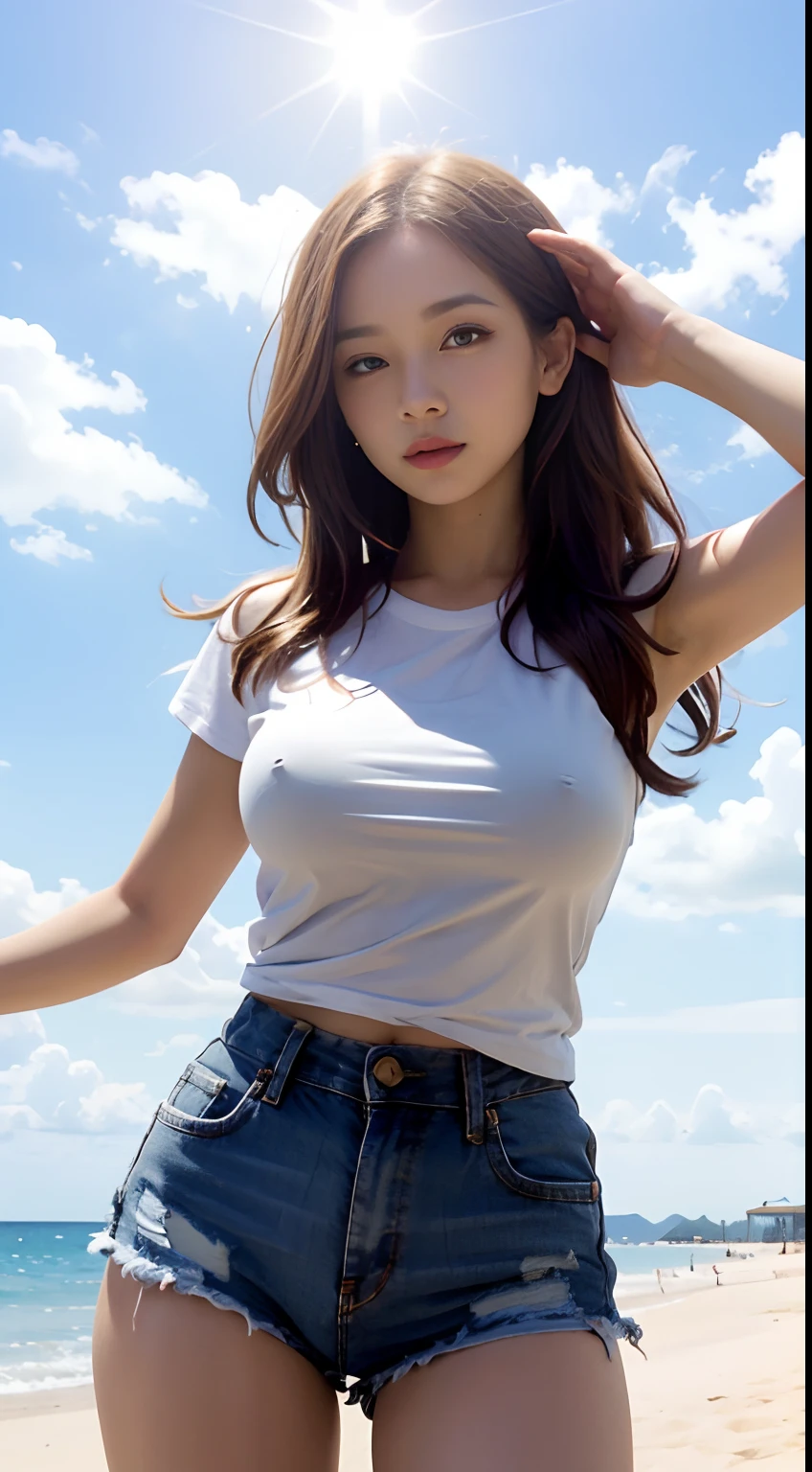 A close up of a woman in a white shirt and denim shorts - SeaArt AI