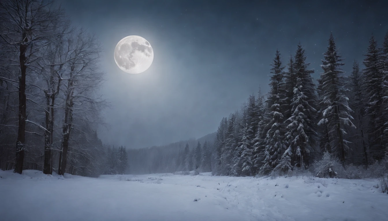 A full moon is shining over a snowy forest - SeaArt AI